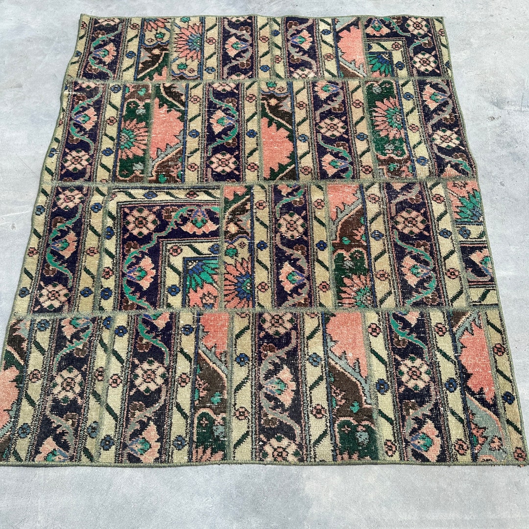 Vintage Rug, 4x5 Ft Accent Rug, Patchwork Rug, Turkish Rug, Oushak Rugs ...