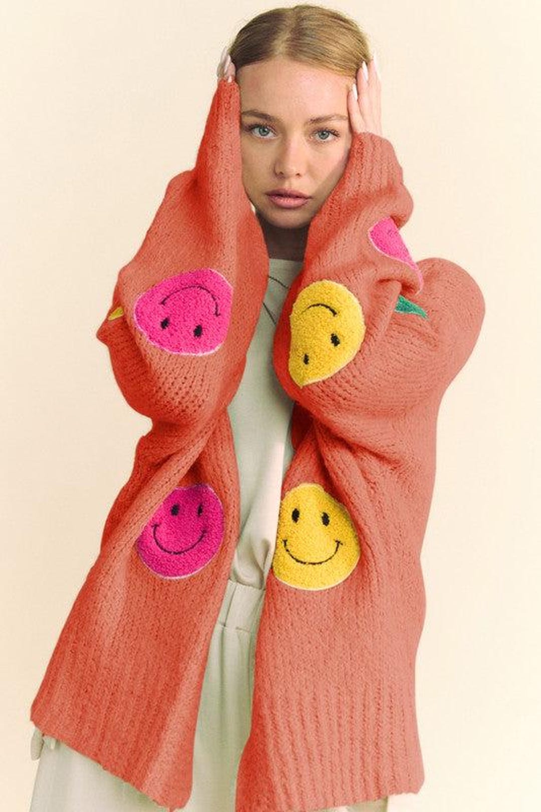 Cardigan for Women Emoji, Colored Smiley Sweater, Happy Face Cardigan ...