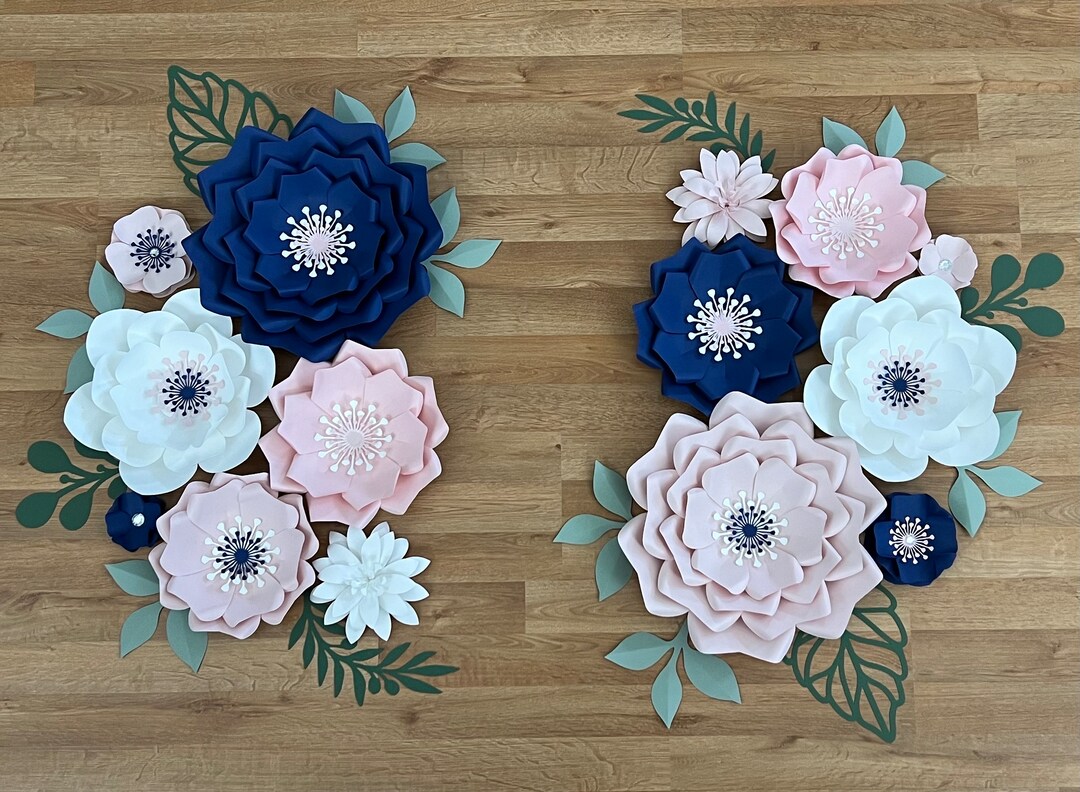 Blush Pink Navy White Paper Flowers Backdrop, Nursery Paper Flowers ...