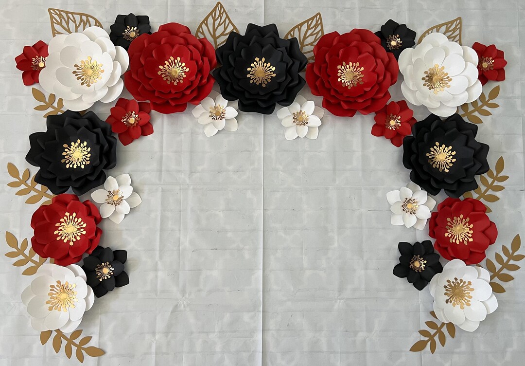 White, Black and Red Paper Flower Backdrop, Large Paper Flowers, White ...