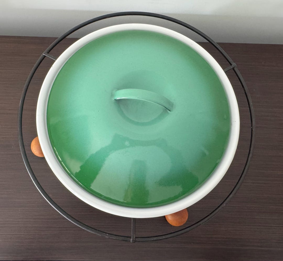 Vtg Mid Century Modern Atomic Green Ombre Enameled Green Fondue Pot ...