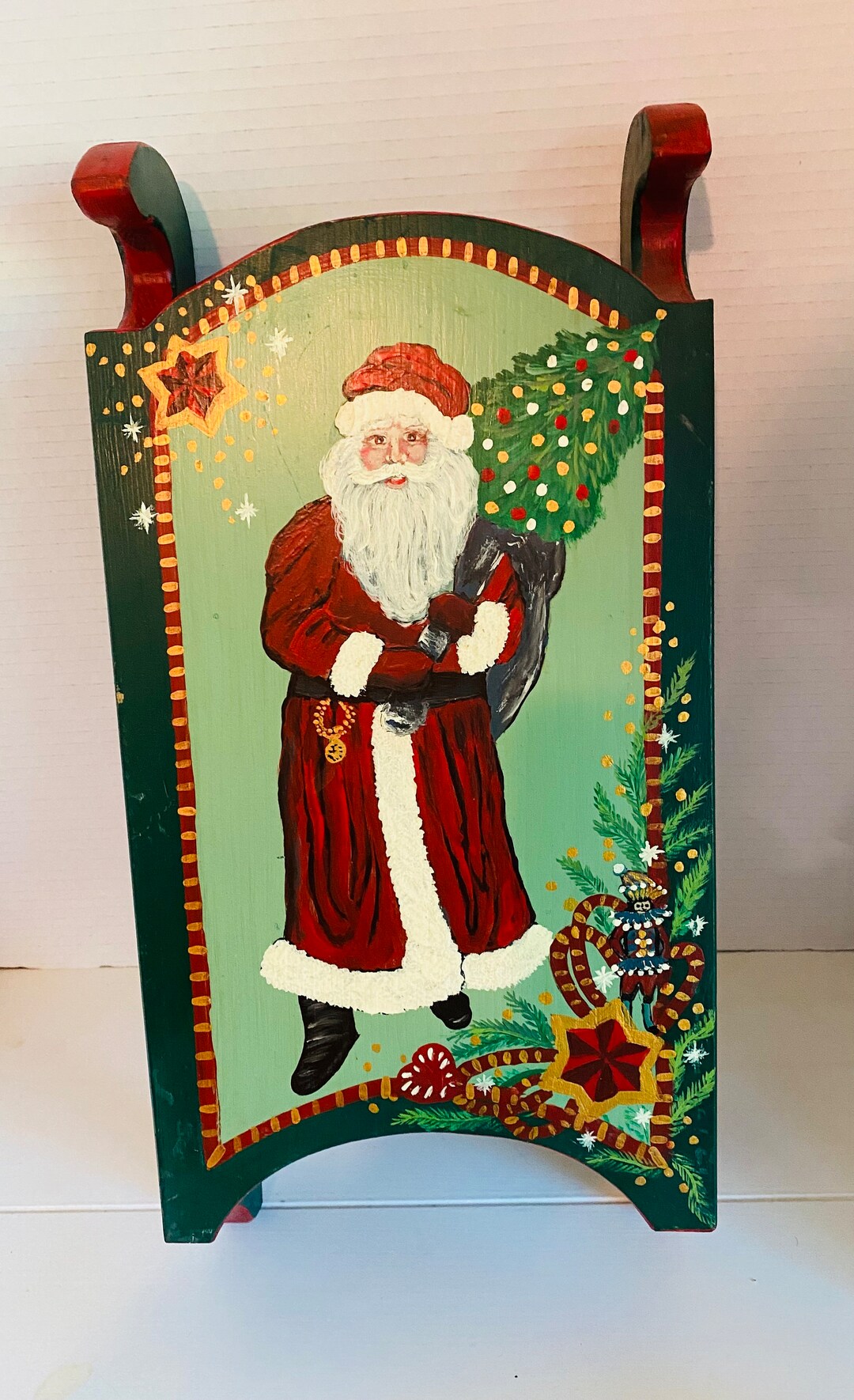 Santa Sleigh Hand Painted Wooden Painted Sleigh Santa Clause Christmas ...