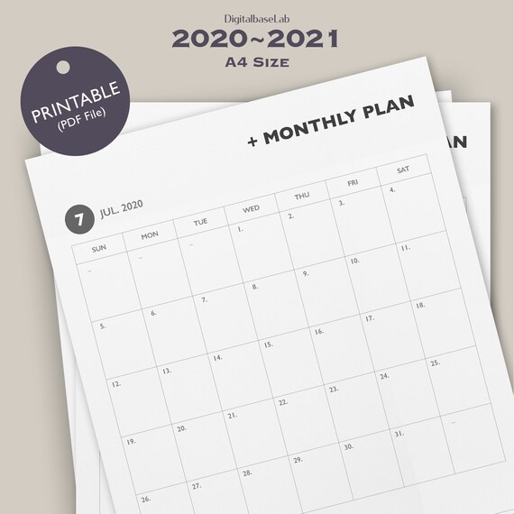 2020-2021 Monthly Planner Printable/ Month on 1 Page/ Planner | Etsy