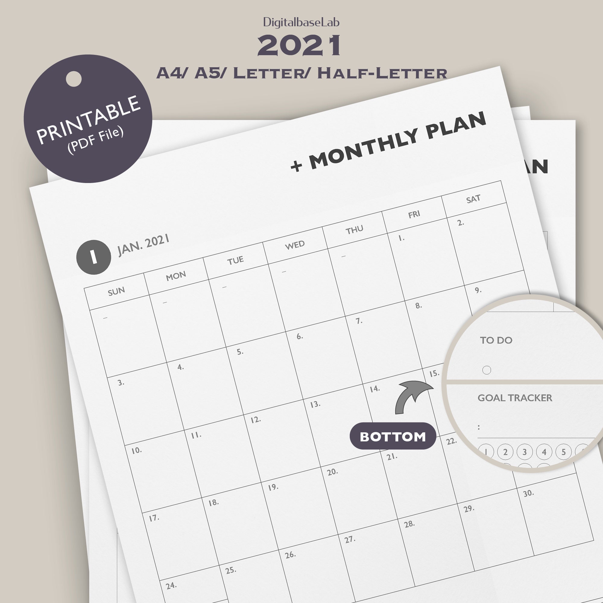 2021 Monthly Planner Printable/ Month on 1 Page/ Planner Inserts ...