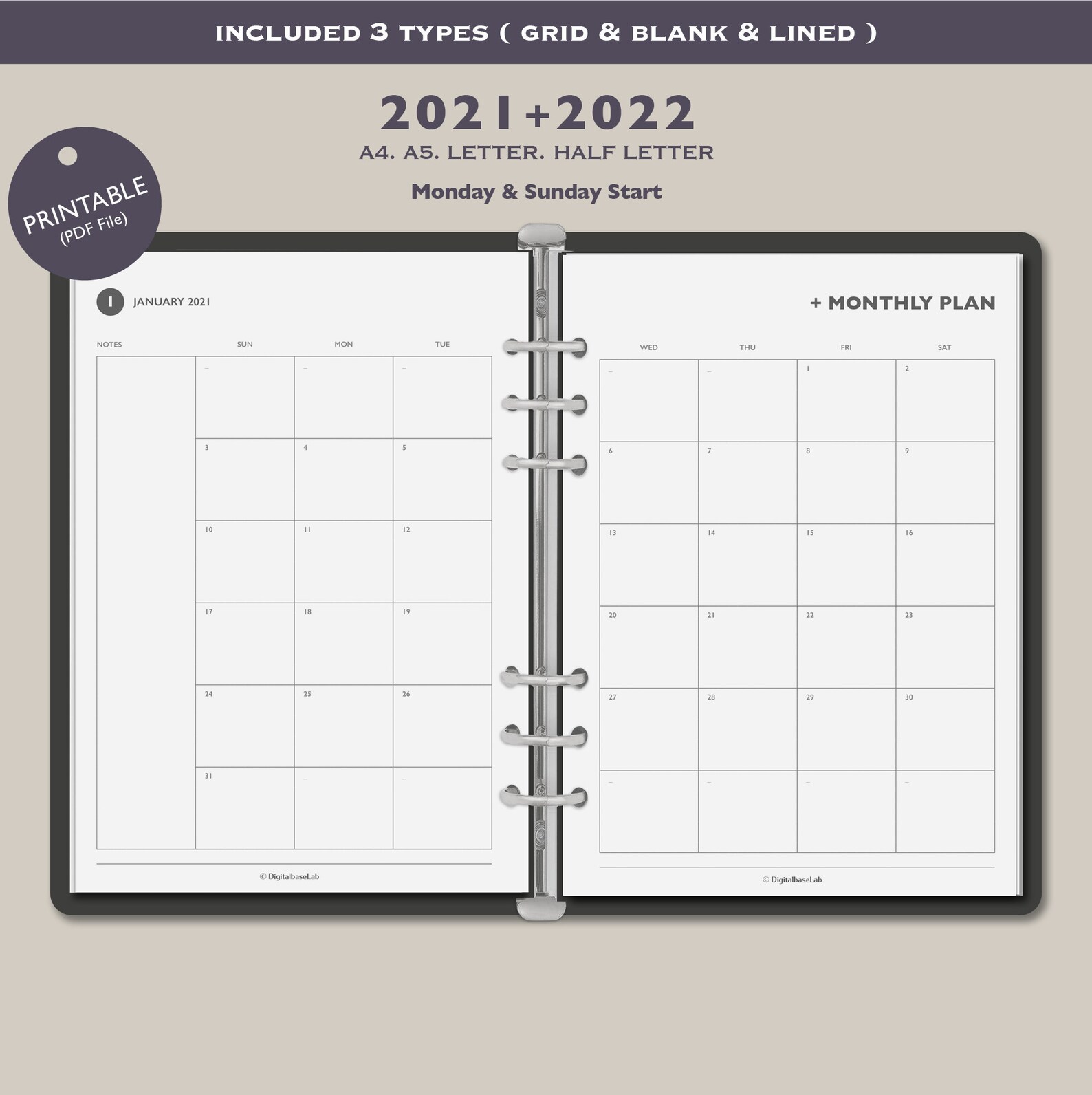 2021-2022 Monthly Planner Printable/ Monthly Calendar/ Simple Monthly ...
