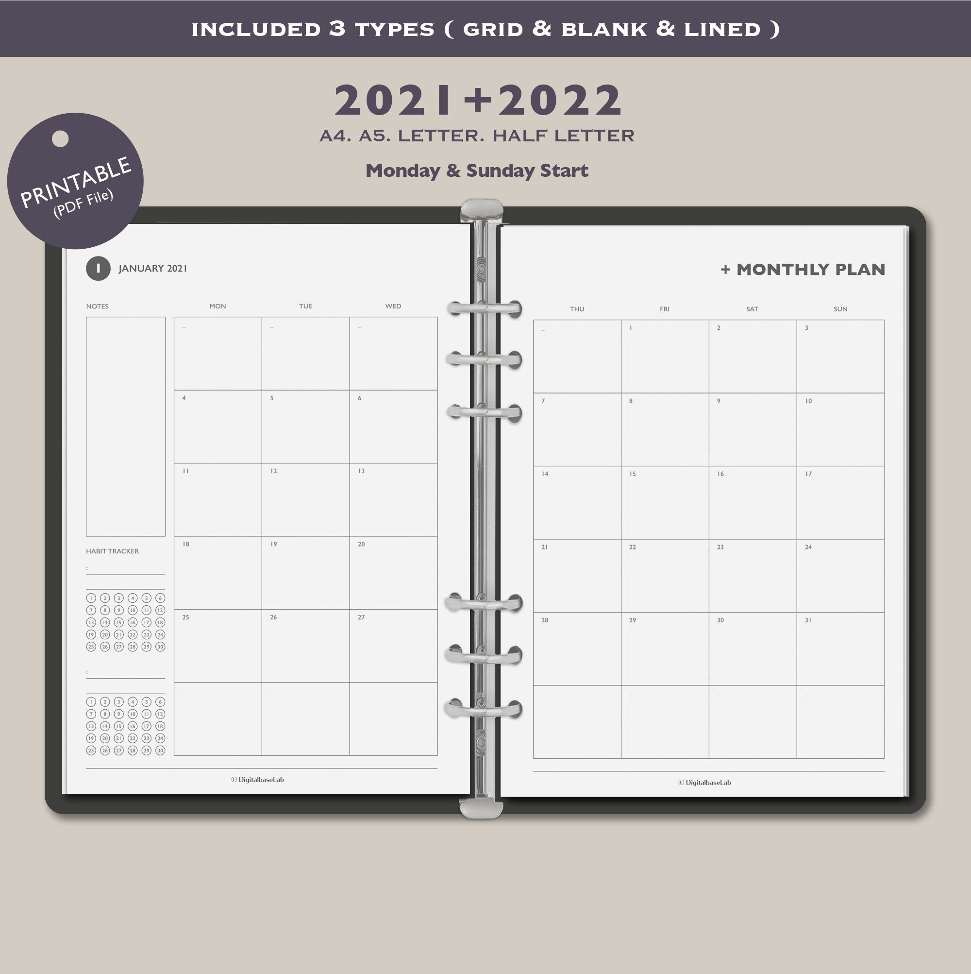 2021-2022 Monthly Planner Printable/ Monthly Calendar/ Simple Monthly ...