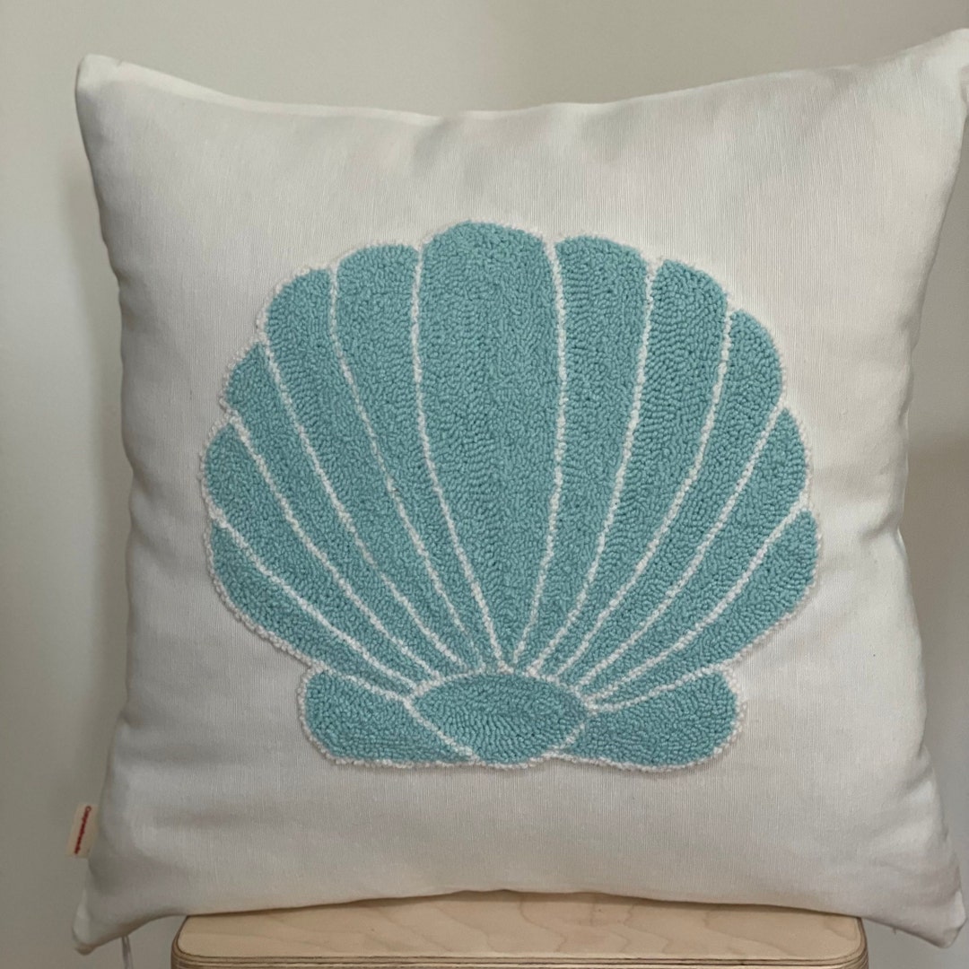Seashell Punch Needle Pillow Cover: Tufted Coastal Cushion (16x16 In ...