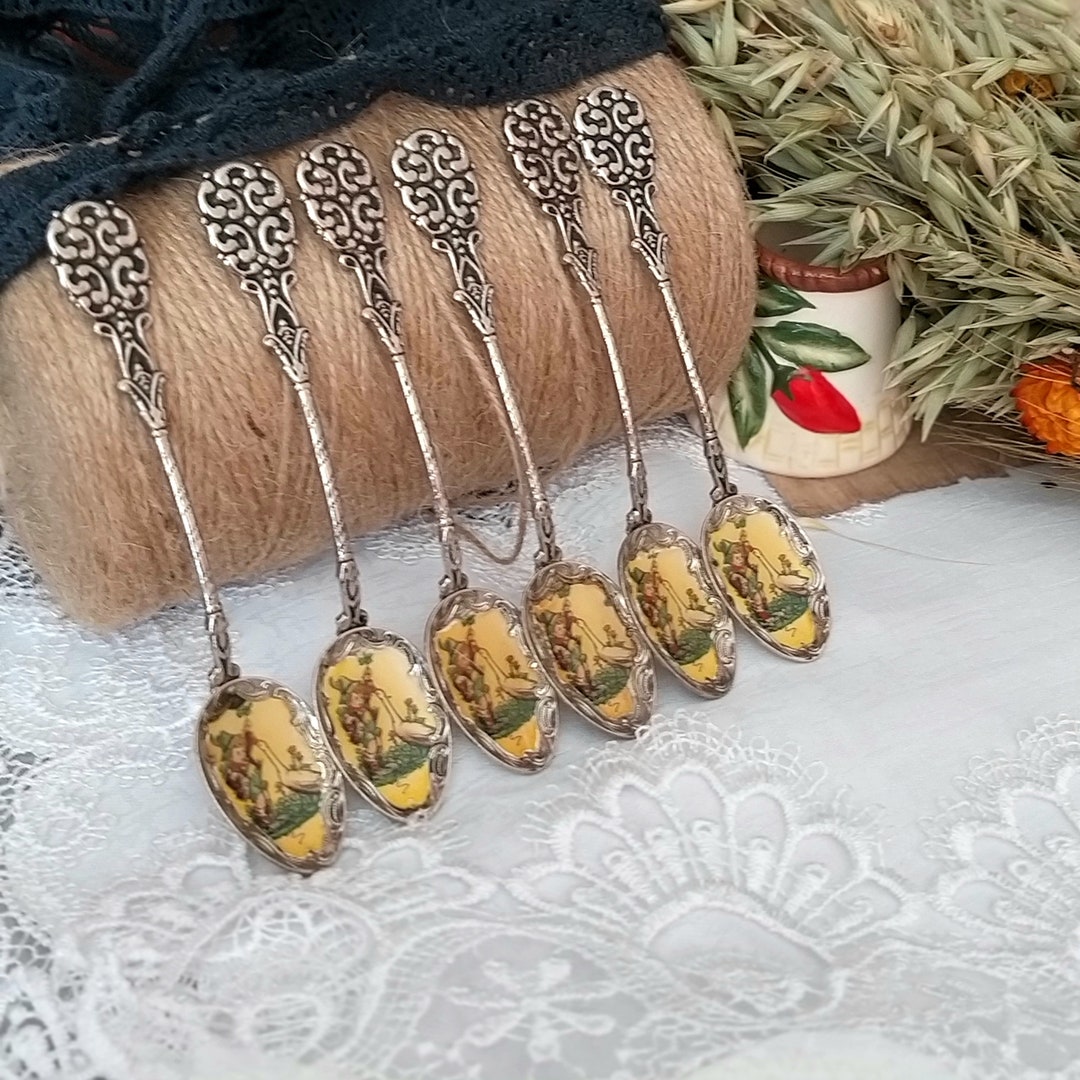 A Set of 6 Vintage German Enameled Dessert Spoons, Vintage Cupronickel ...