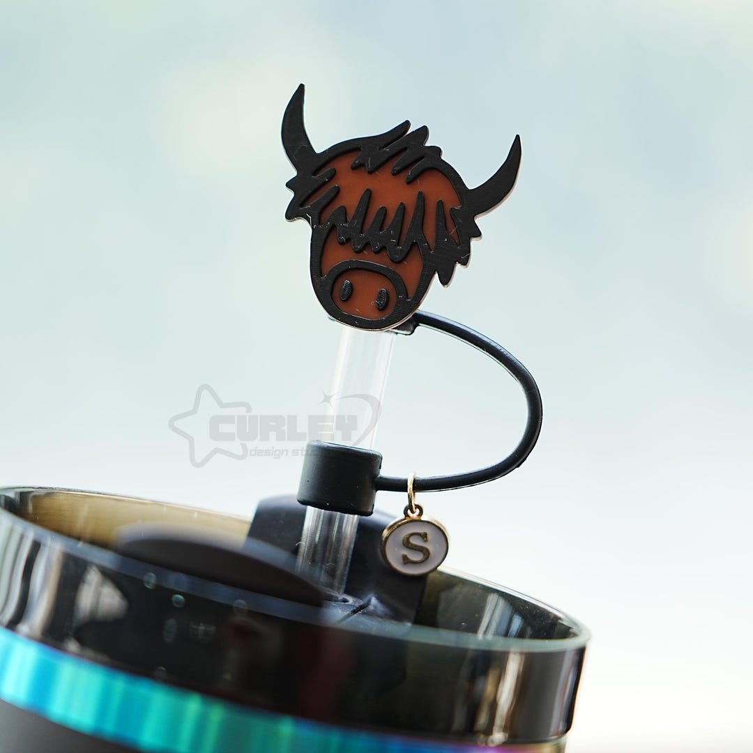 Highland Cow Straw Topper, Initial Straw Charm, Animal Straw Cover ...