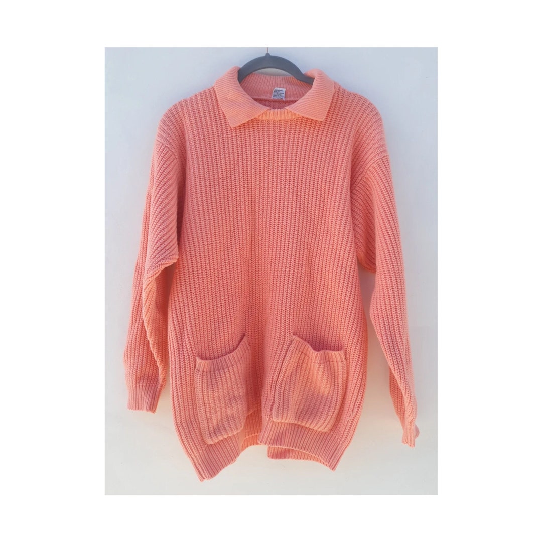 70s Apricot Ribbed Knit Sweater: Long Sleeve Collared Jumper - Etsy