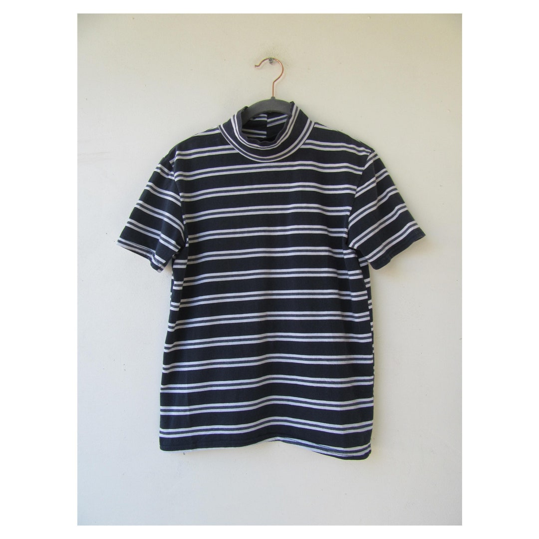 90's Navy Blue & White Striped Short Sleeve Mock Neck Tee | Striped Tee ...