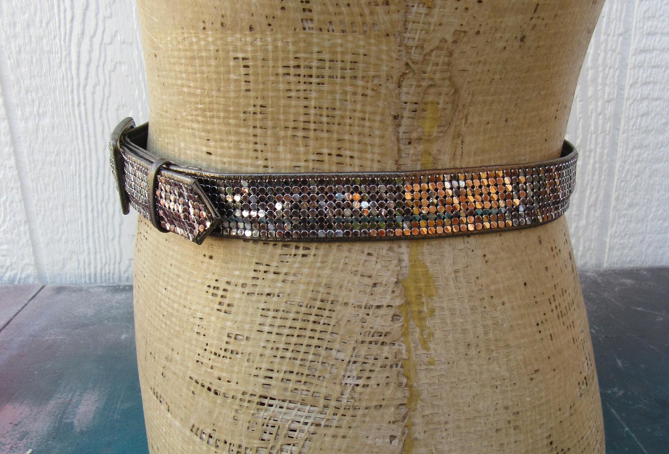 Vintage 80's Metal Mesh and Leather Belt 80's Gold Mesh Belt Multi ...