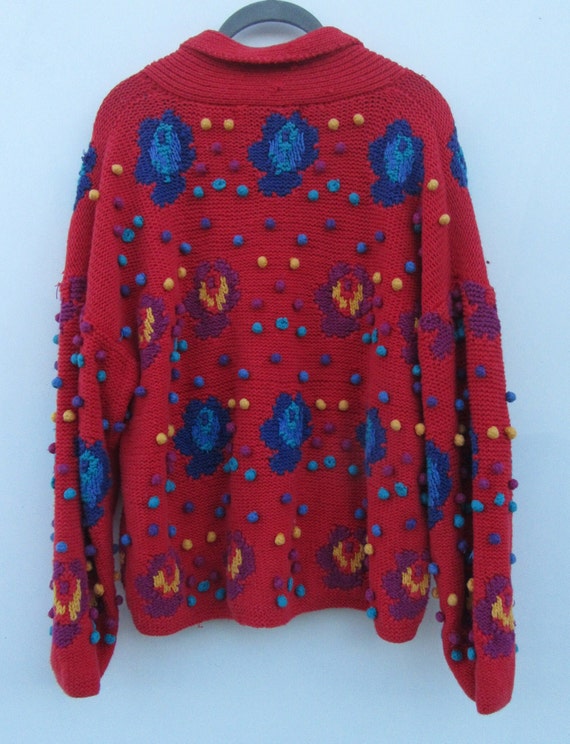 80s Red Popcorn Knit Cardigan: Ramie Cotton Blend, Ov… - Gem