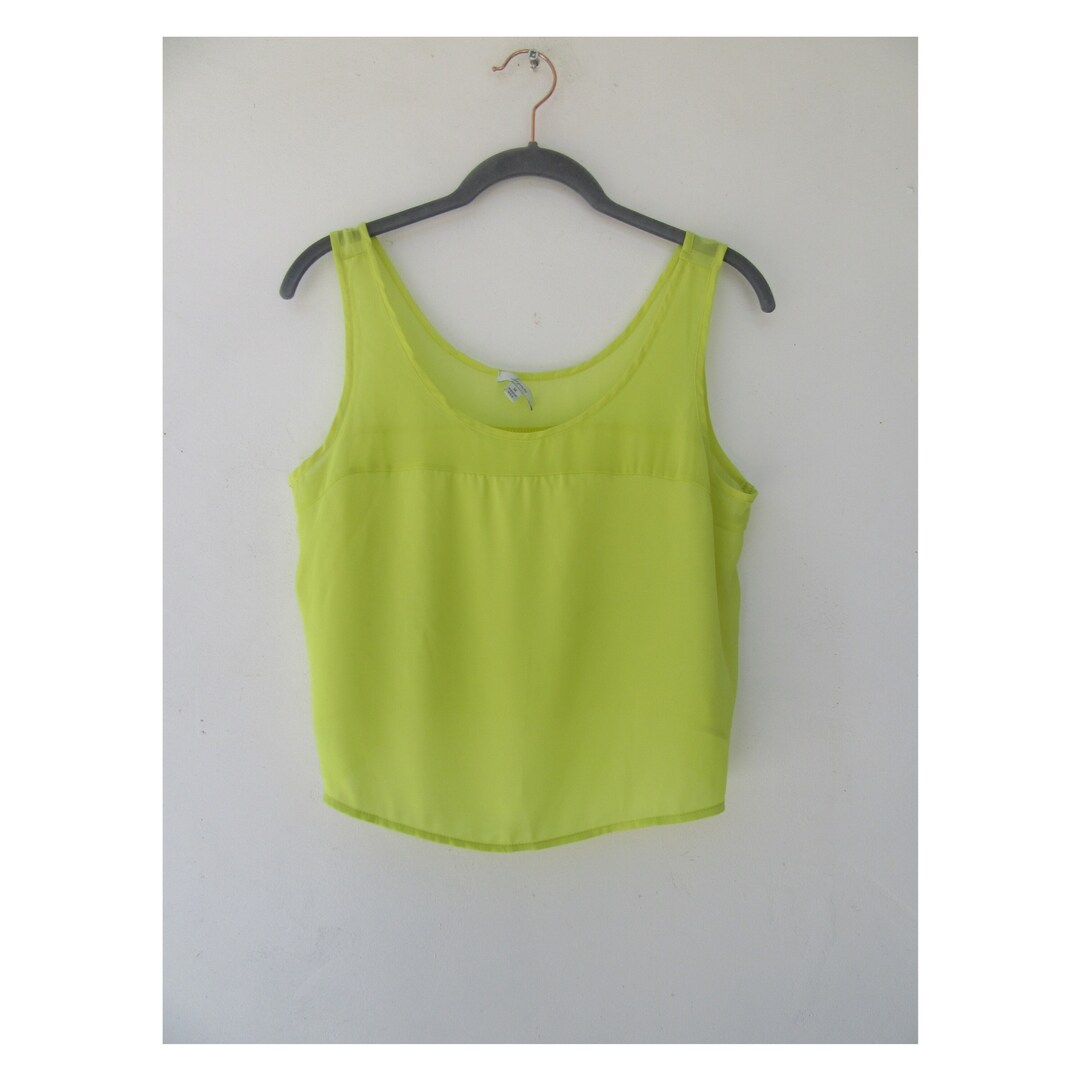 90's Neon Yellow Sheer Shell Tank | Sleeveless Top | Silky Singlet ...