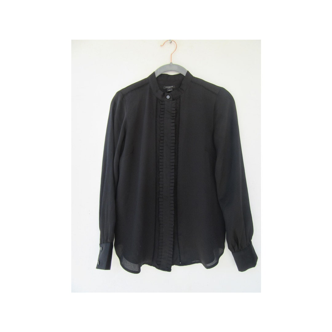 90's Black Long Sleeve Ruffle Front Top Black Blouse Ruffle Shirt Black ...