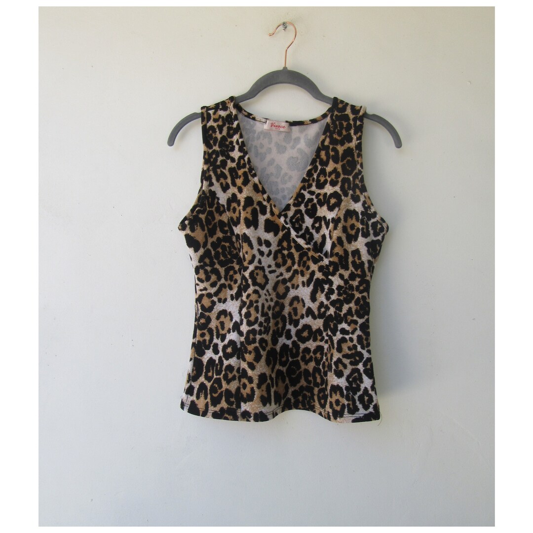 80's Sleeveless Animal Print Shell Tank Leopard Print Surplice Print ...