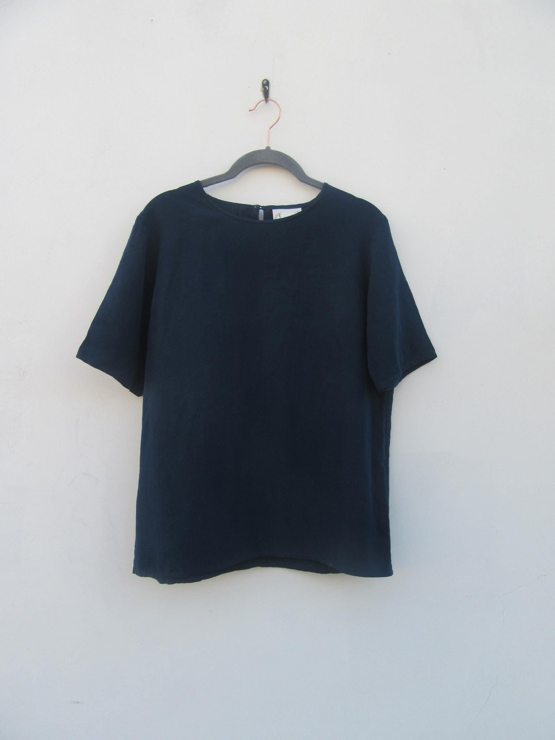 90's Silk Navy Blue Shell Top | 100% Silk Top | Short Sleeve Blouse ...