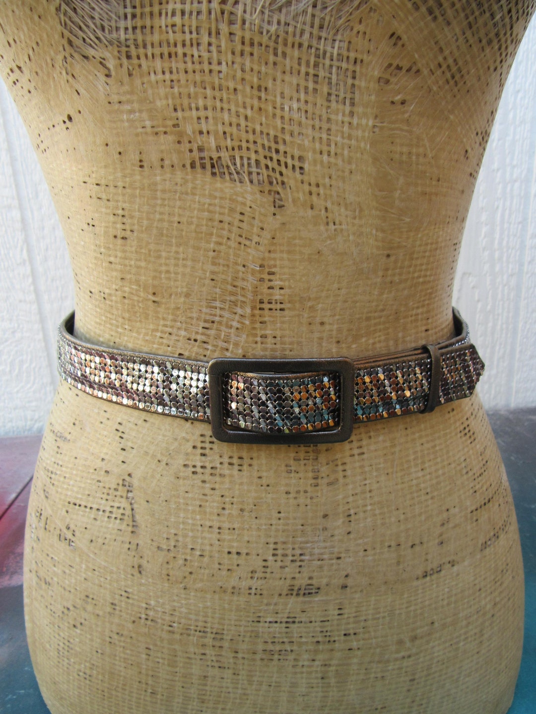 Vintage 80's Metal Mesh and Leather Belt 80's Gold Mesh Belt Multi ...
