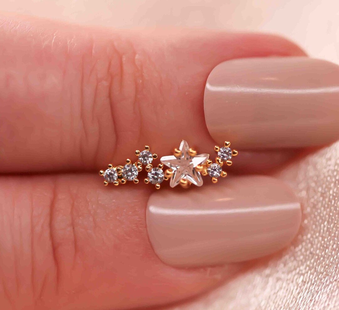 Shooting Star Piercing, Stainless Steel and Zircon, Bar 6mm, 8mm, 10mm ...