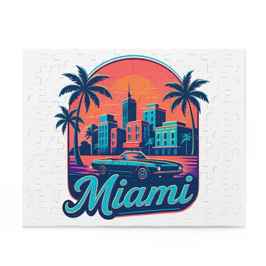Miami Retro Cityscape Puzzle | Vintage Car, Palm Trees, Sunset 120 ...