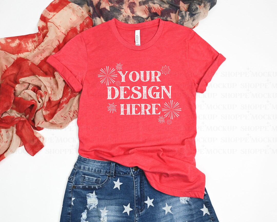 4th of July Mockup, Heather Red, Bella Canvas 3001 Mockup, Bella Mockup ...