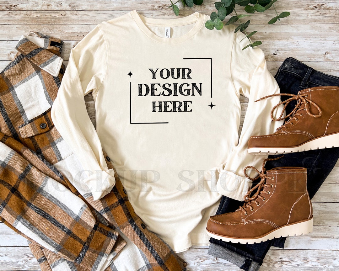 Bella Canvas 3501 Fall Mockup, Natural, Bella Long Sleeve Mock-up, 3501 ...