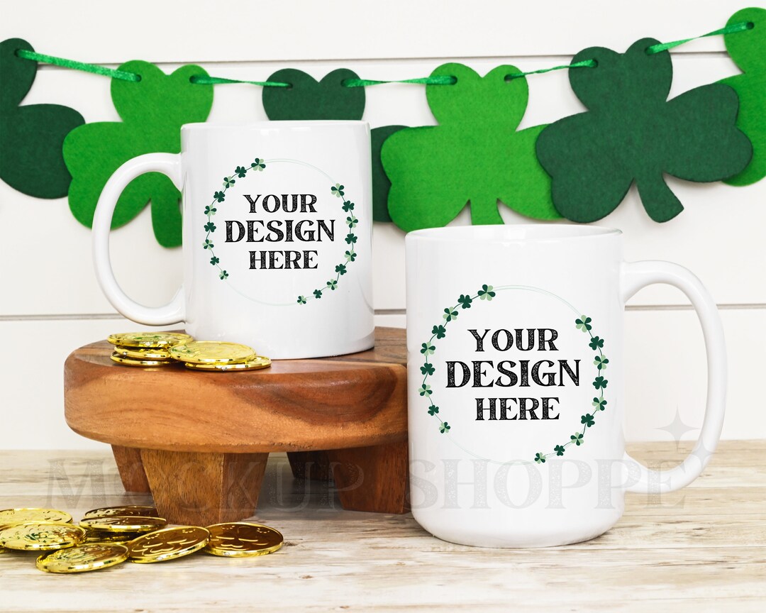 St. Patricks Day Mug Mockup Duo, 11oz and 15oz White Coffee Mug Mock-up ...
