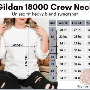 Gildan 18000 Size Chart, 18000 Mockup, Styled Unisex Size Chart, Gildan ...