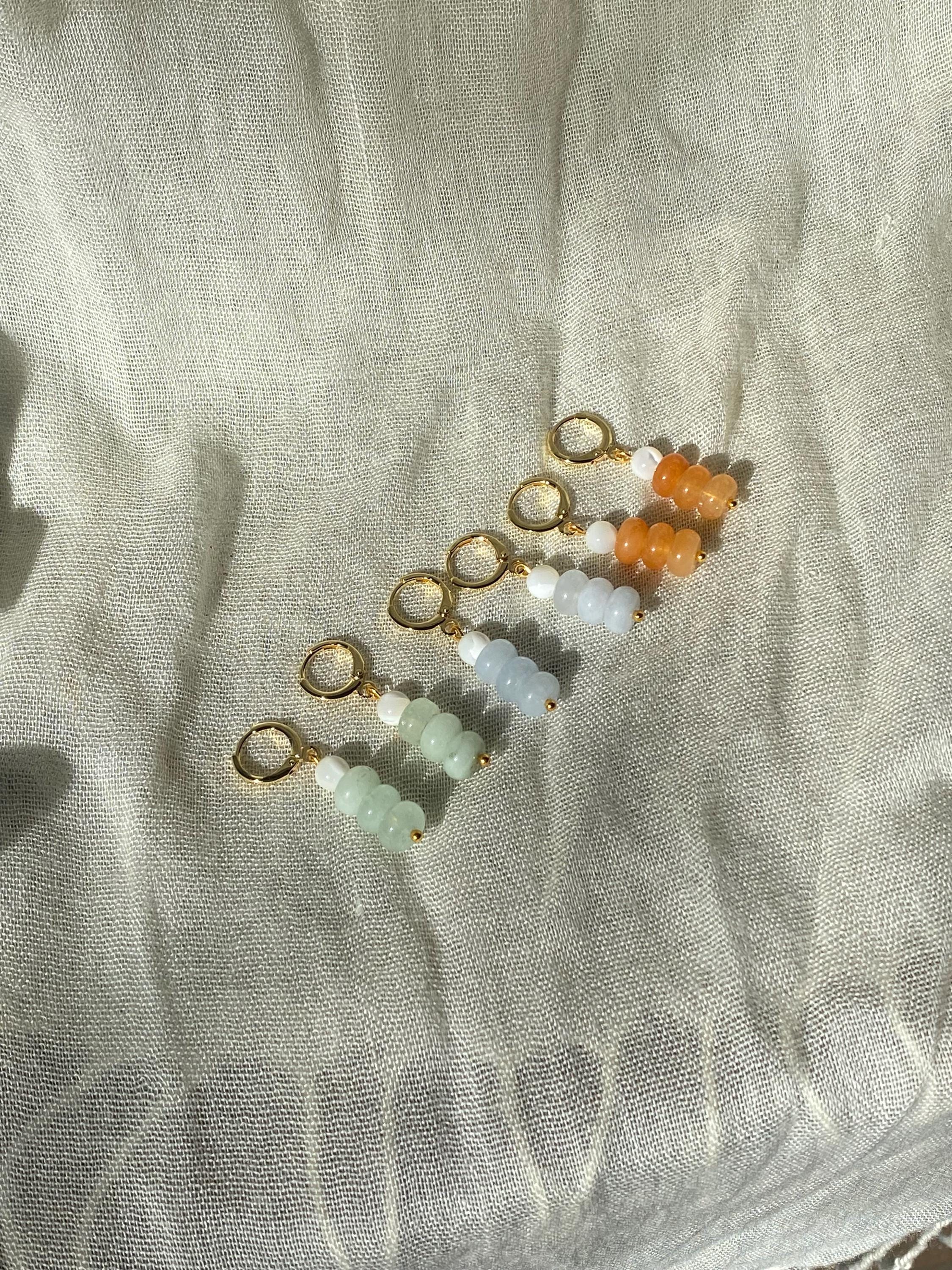 Gemstone Triple Stacked Bead Drop Earrings, Gold Plated Clasp Hoop - Etsy