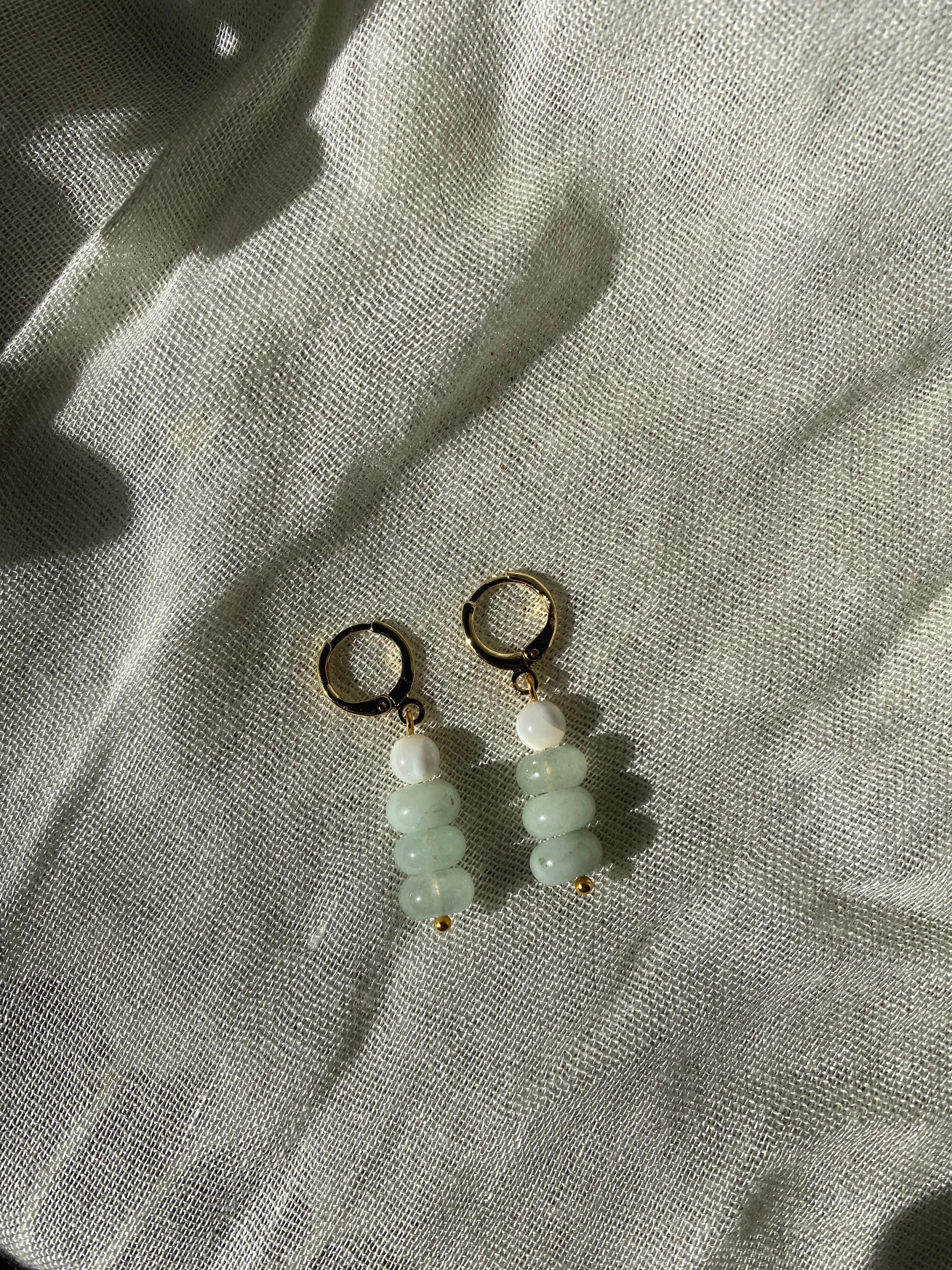 Gemstone Triple Stacked Bead Drop Earrings, Gold Plated Clasp Hoop - Etsy