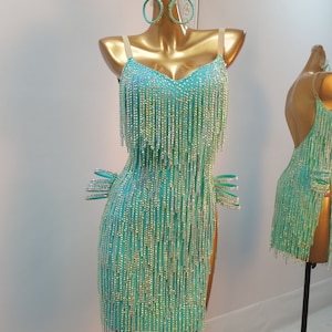 Green Sparkling Latin Dress Full of Stones Light Green Rhythm Dress ...