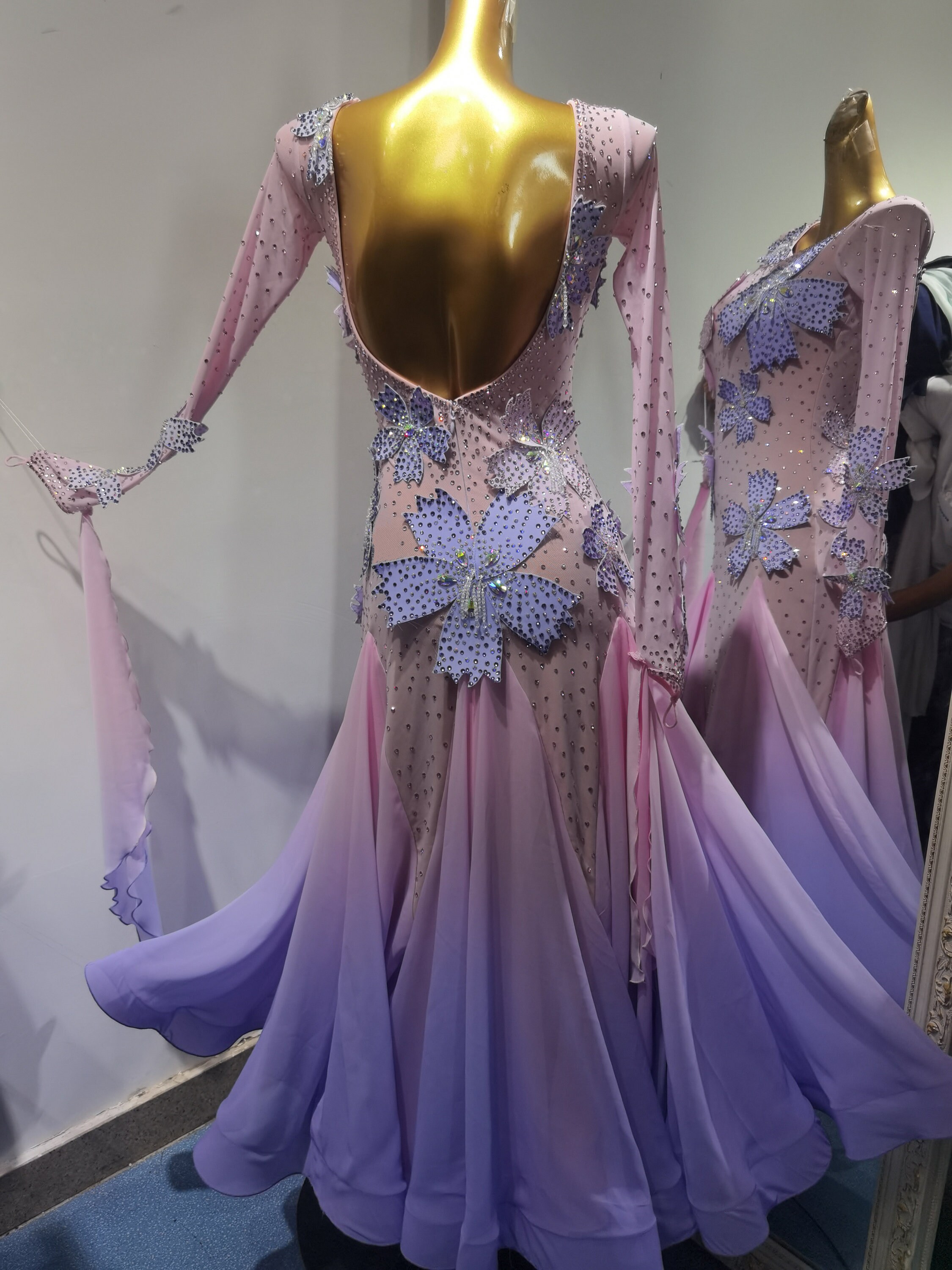 Gradient Pink and Purple Floral Ballroom Dance Dress Smooth Dress ...