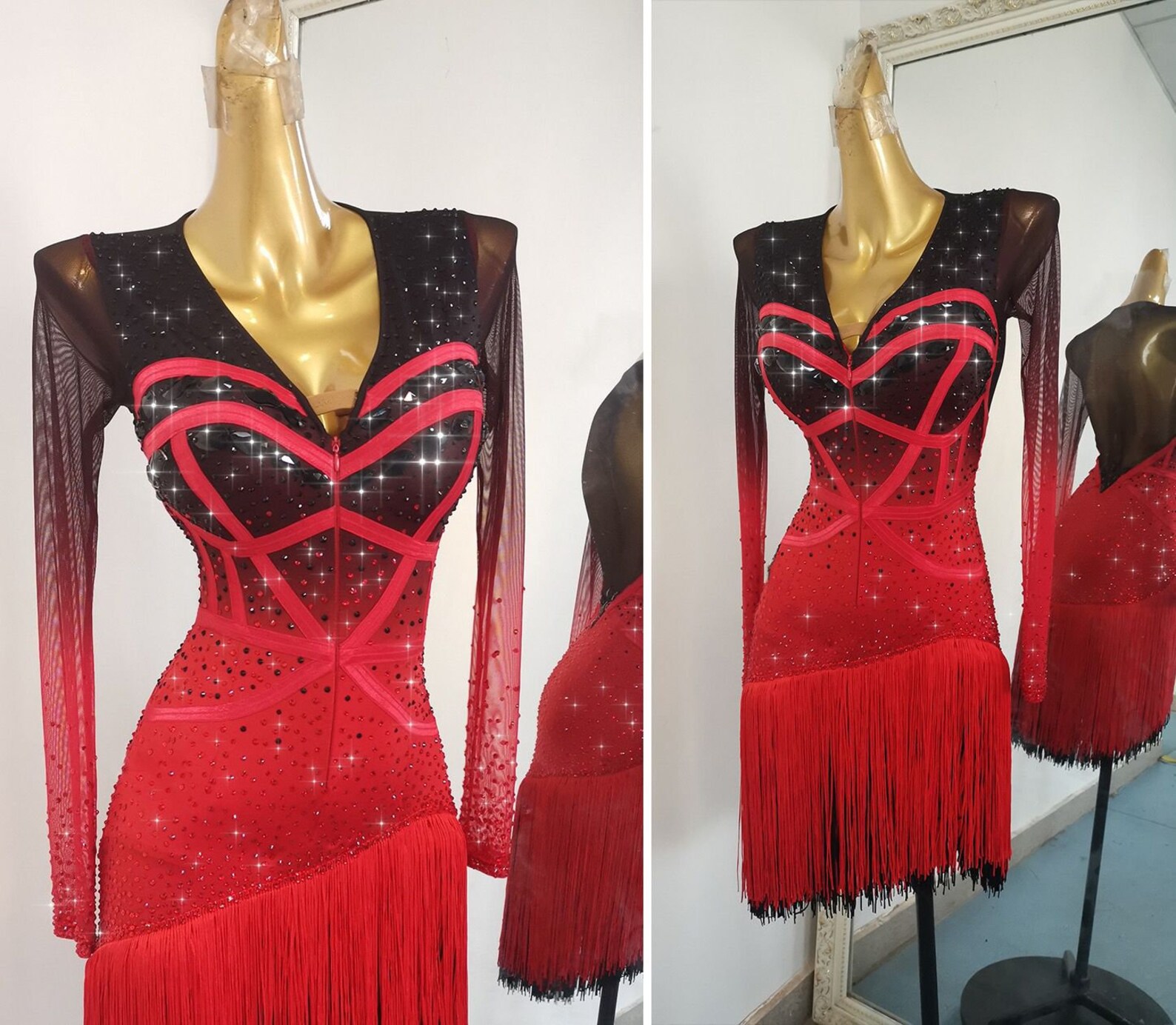 Ombre Black and Red Latin Dress With Fringe L0103 - Etsy