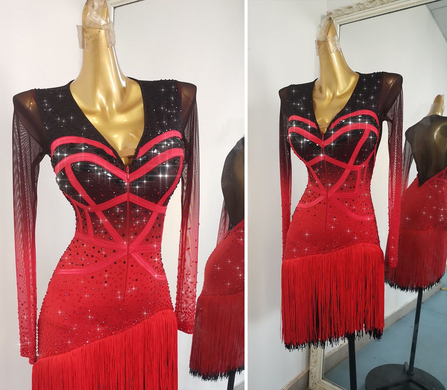 Ombre Black and Red Latin Dress With Fringe L0103 - Etsy