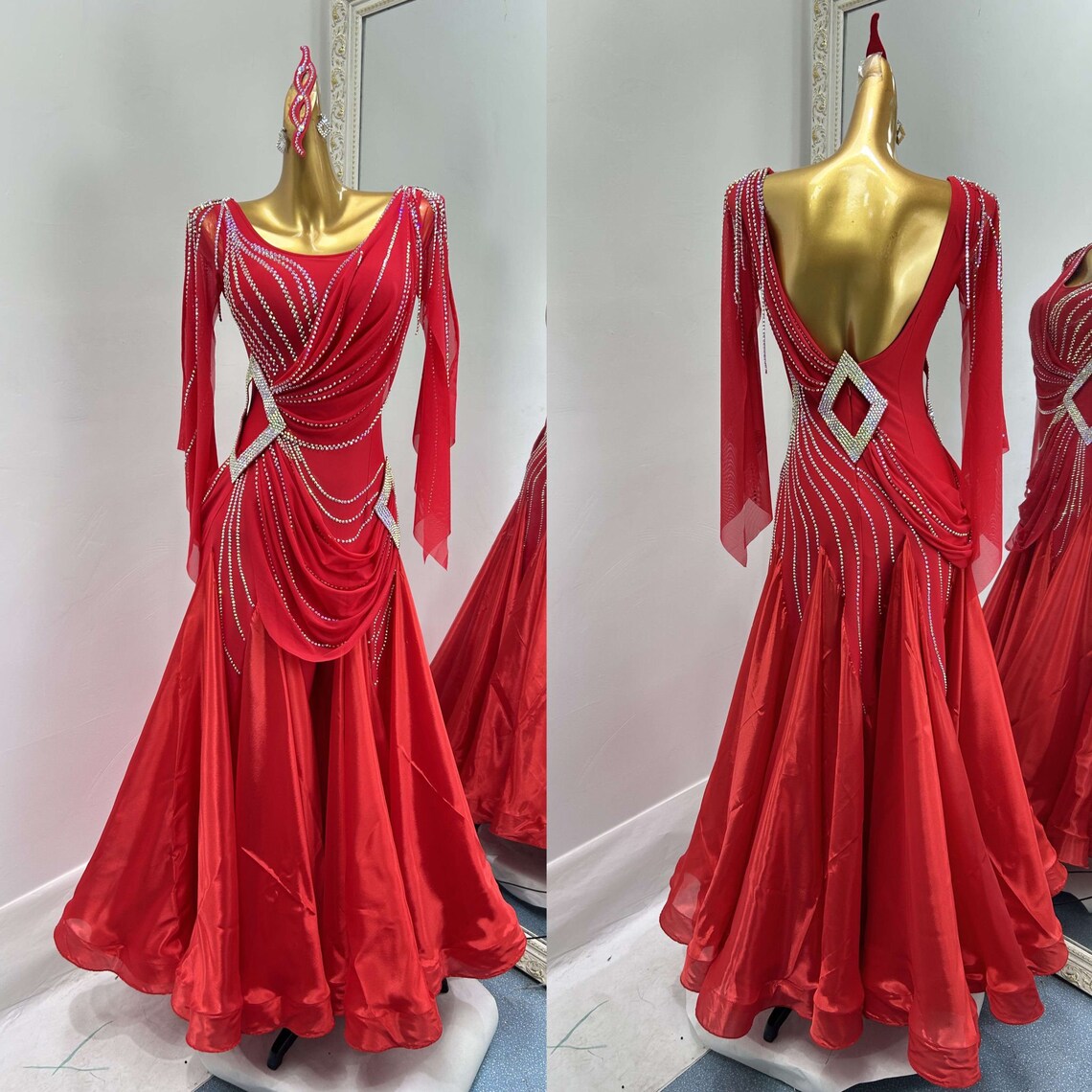 Red Smooth Dress Red Ballroom Dress Standard Dress With Waist and Back ...