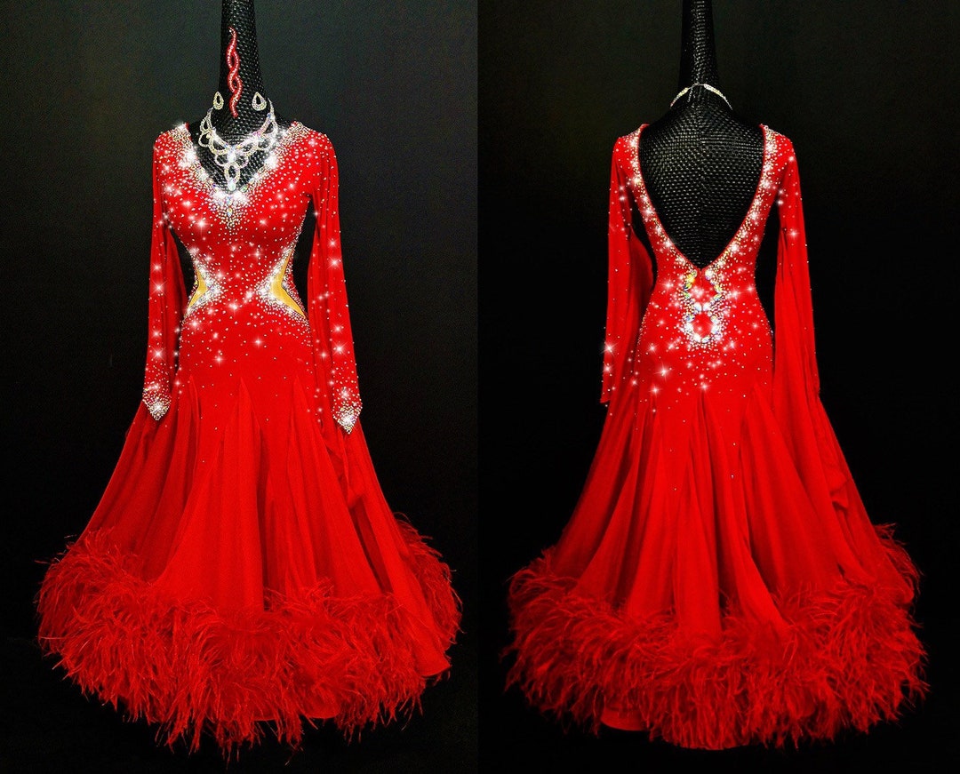 Red Ballroom Dress With Ostrich Feather Standard Dress Smooth Dress ...