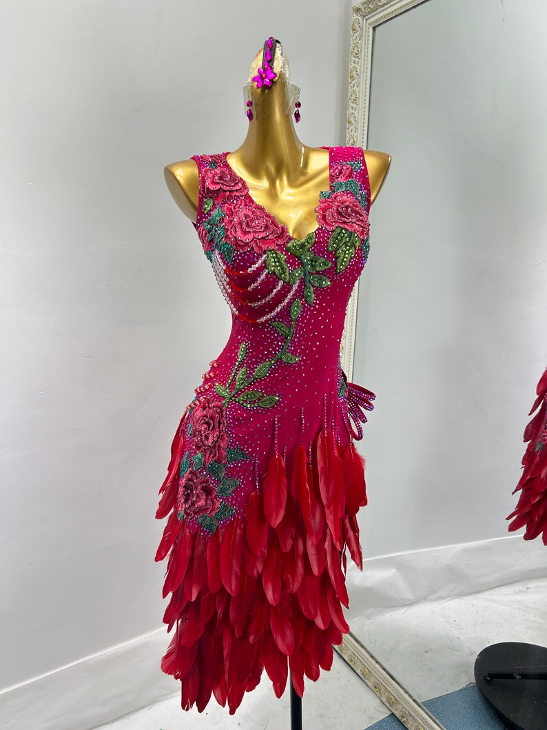 Cherry Red Latin Dress Rhythm Dress With Embroidery and Feathers L0055 ...