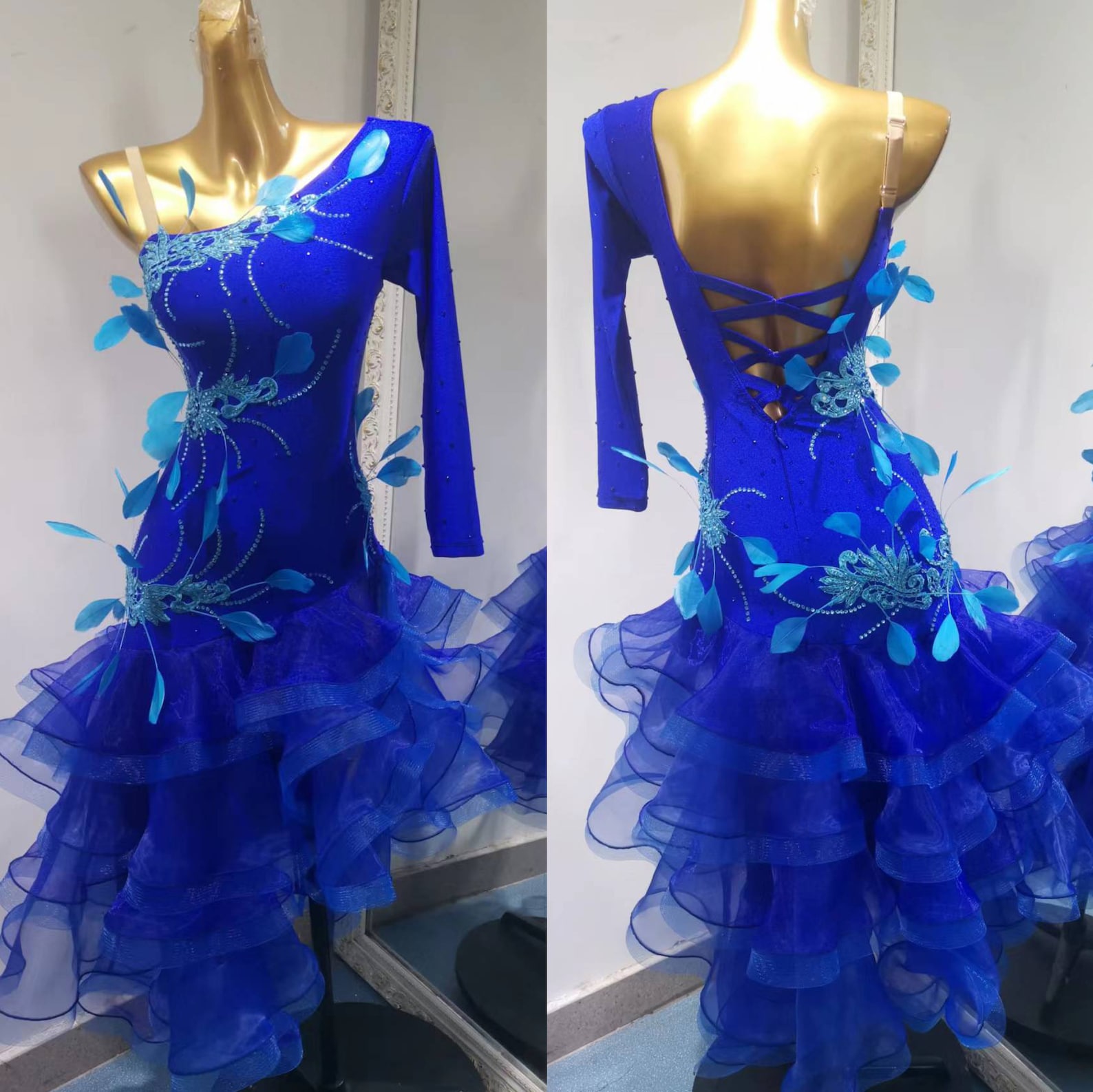 One Shoulder Blue Latin Dress With Appliques Rhythm Dress L0011 - Etsy