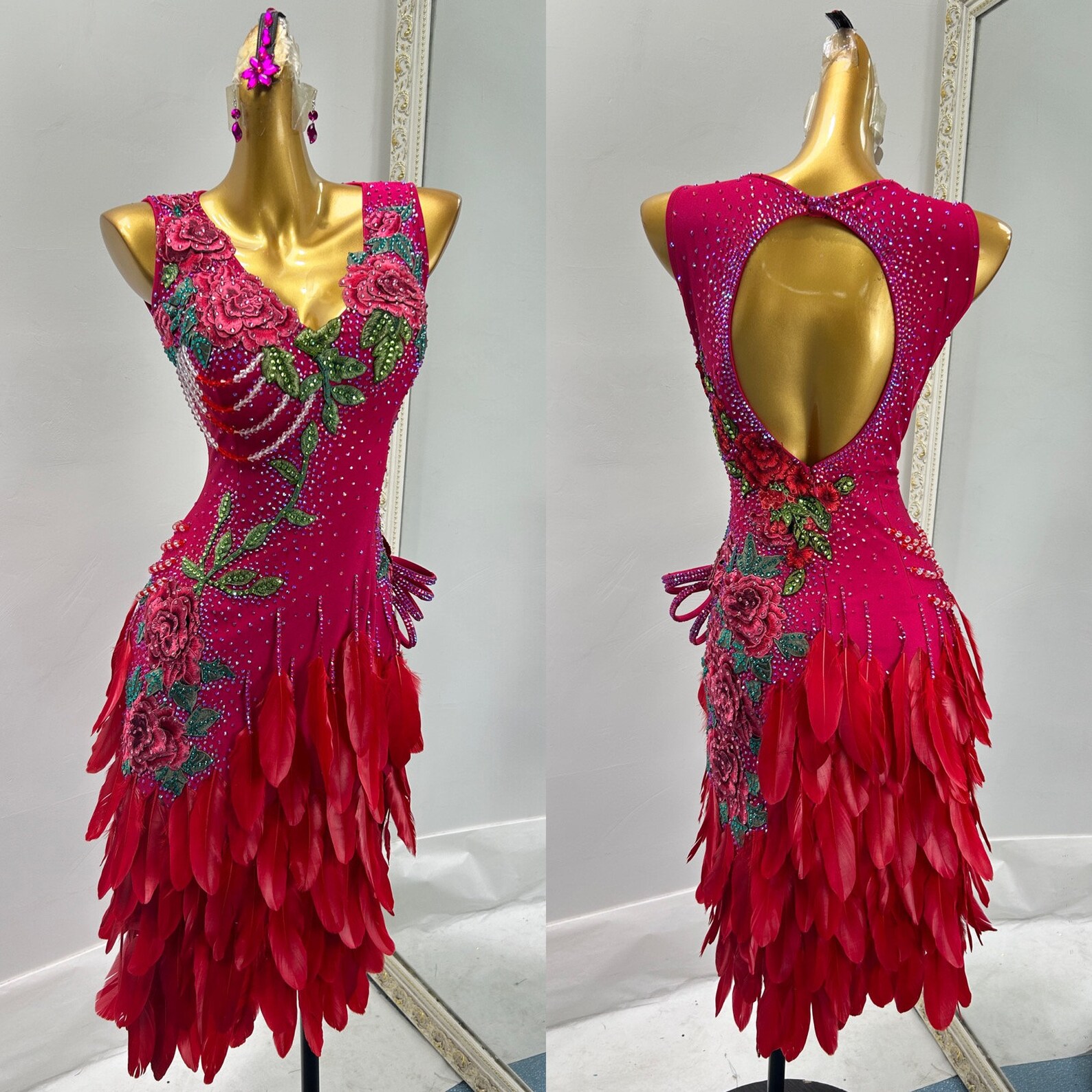 Cherry Red Latin Dress Rhythm Dress With Embroidery and Feathers L0055 ...