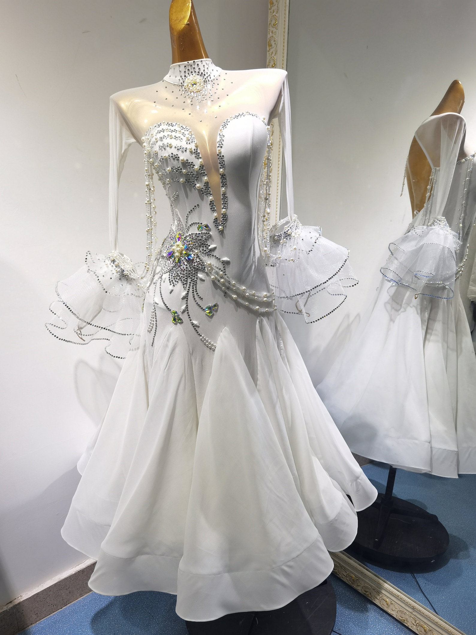 White Ballroom Dress With Flare Floats Floral Pattern With Pearls White ...