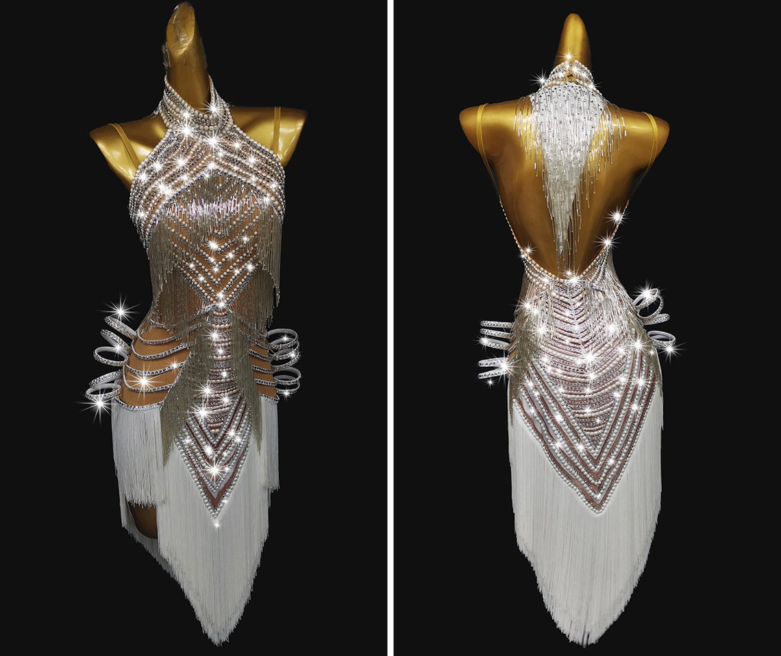 Silver White Fringe Latin Dress Rhythm Dress With Pearls and Beaded ...