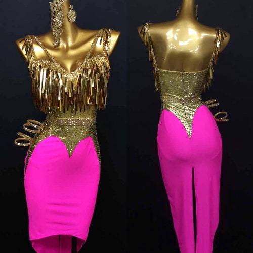 Shining Gold And Pink Fizz Latin Dance Dress Hot Pink Rhythm Etsy