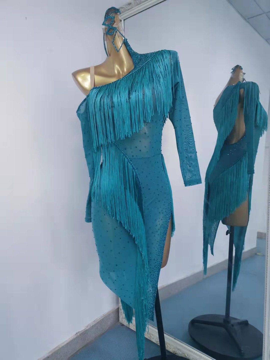 Turquoise Latin and Rhythm Dance Dress With Cut-out, Slit and Fringe ...
