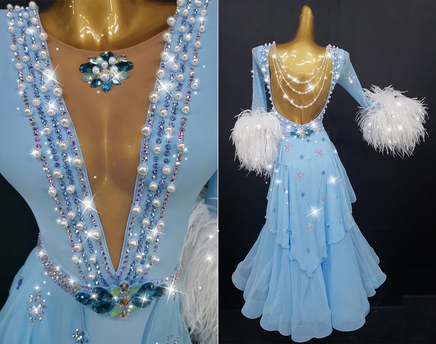 Light Blue Smooth Dance Dress Ballroom Dance Dress With Feather Pearls ...