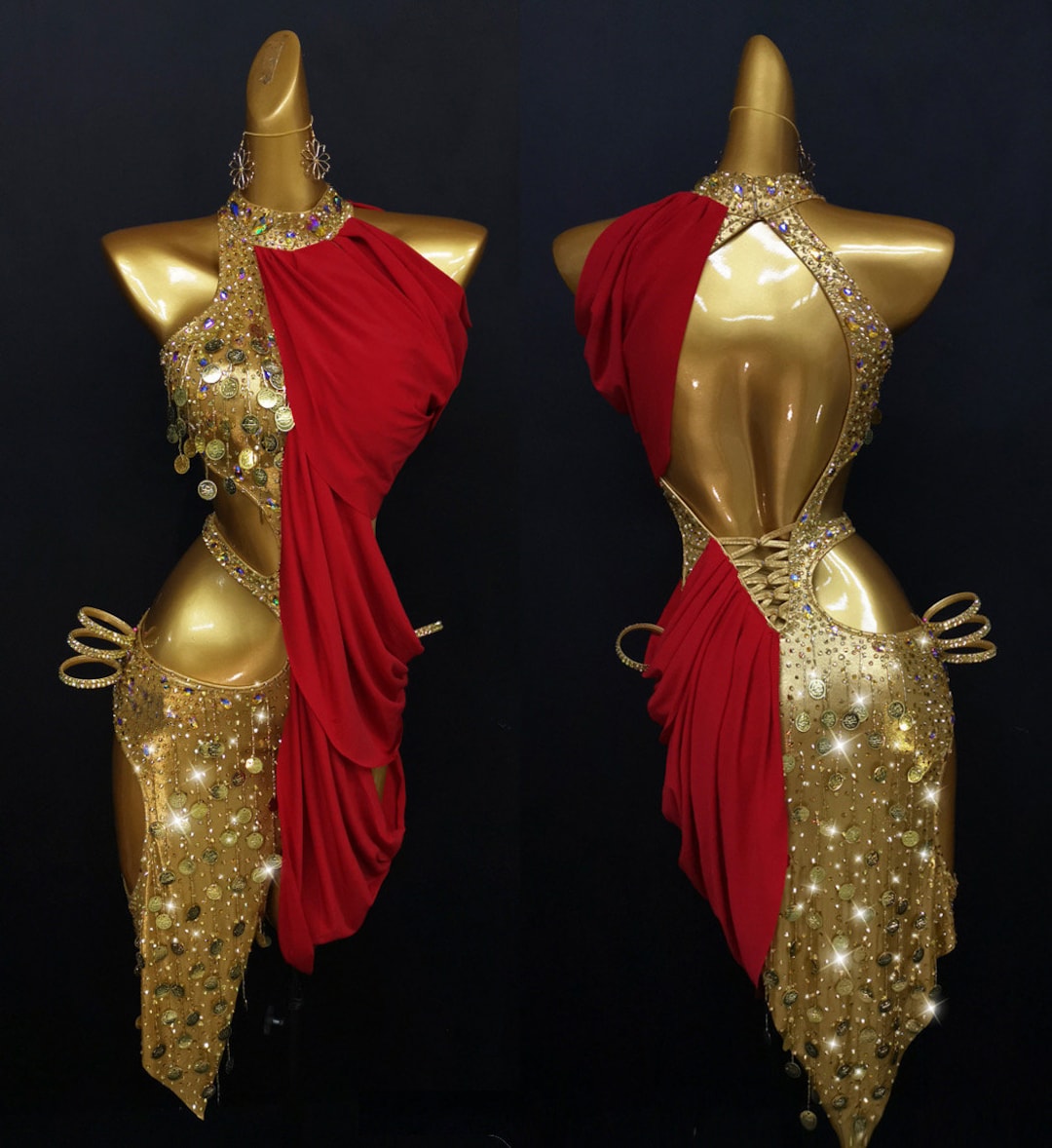 Red & Gold Latin Dance Dress With Penny Sequins Rhythm Dance Dress ...