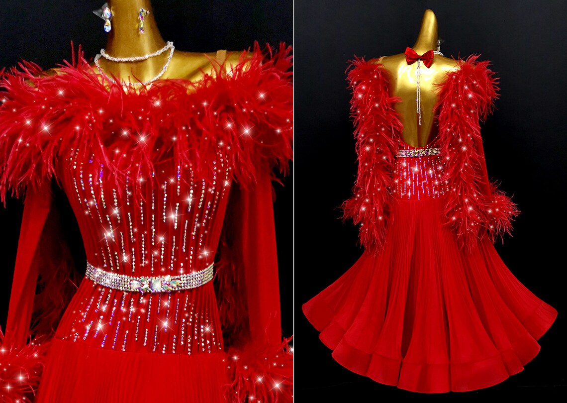 Red Ballroom Dance Dress With Feathers Red Standard Dress Red Smooth ...