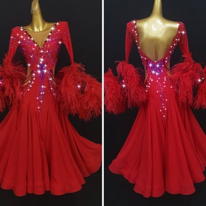Red Ballroom Dress Smooth Dance Dress With Crystals and Feather Floats ...
