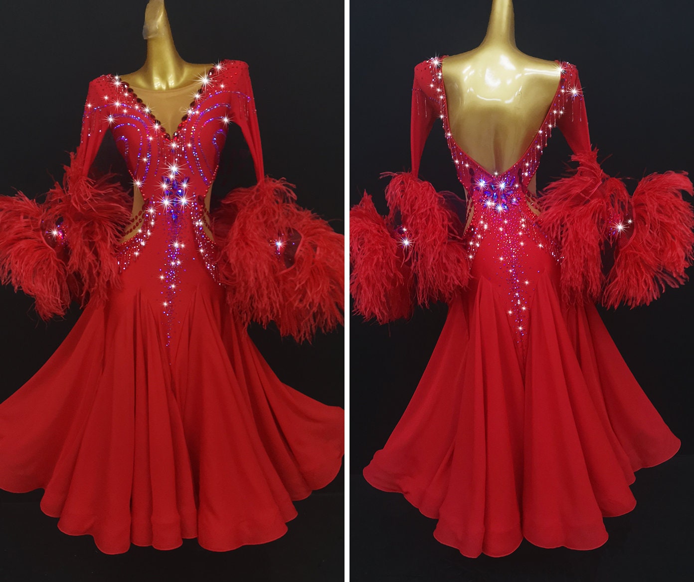 Red Ballroom Dress Smooth Dance Dress With Crystals and Feather Floats ...