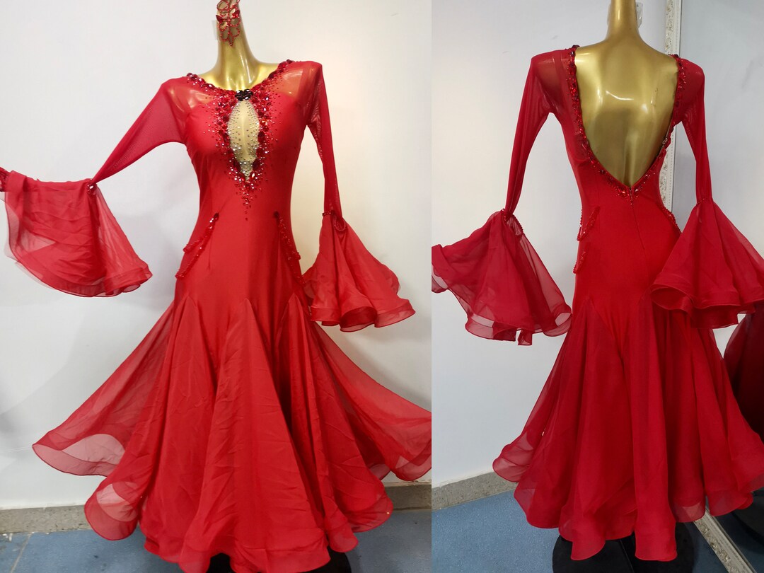 Red Ballroom Dress With Bell Sleeves Standard Dress Smooth Dress B0104 ...