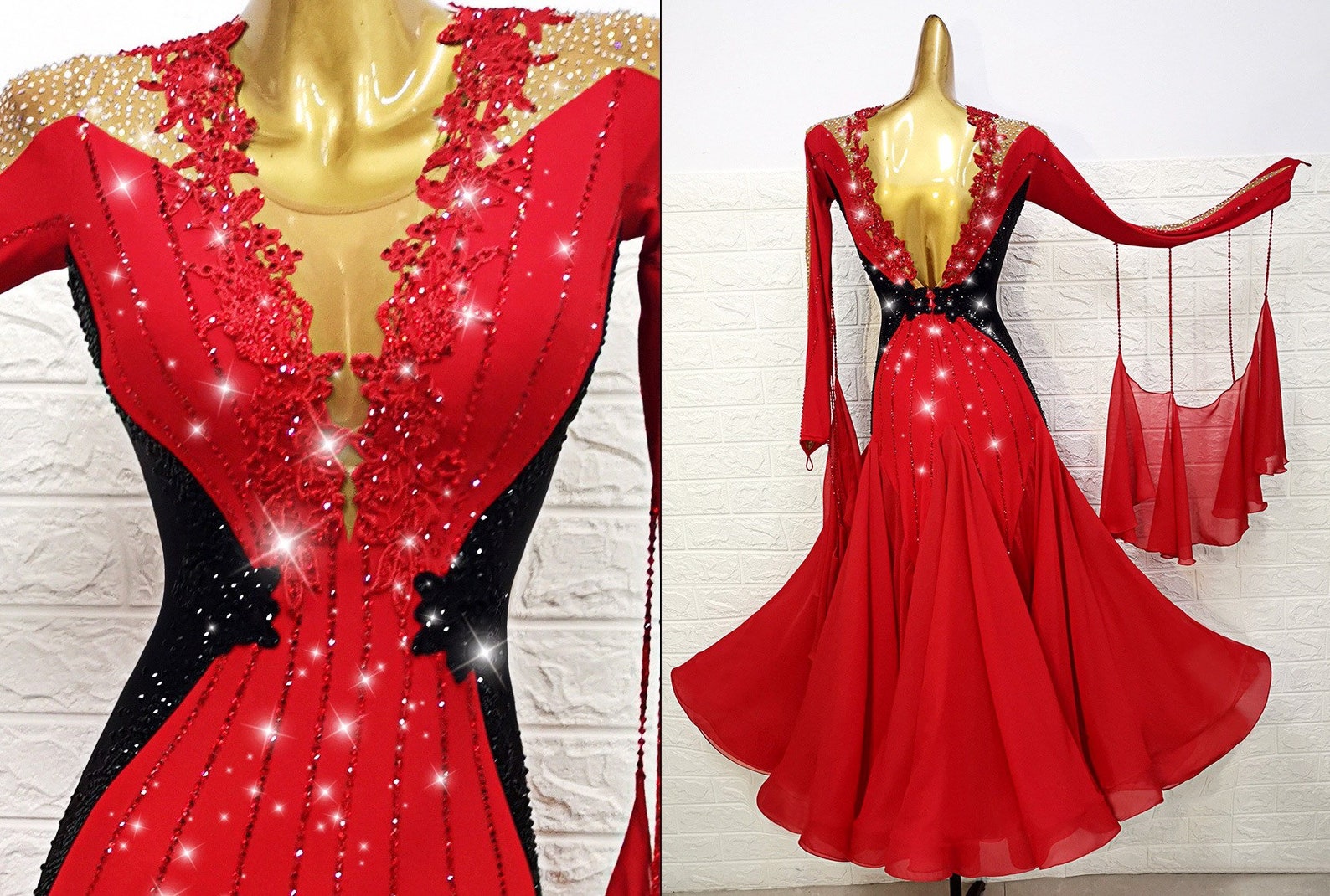 Red Ballroom Dress With Appliqués and Waist Details in Black Smooth ...